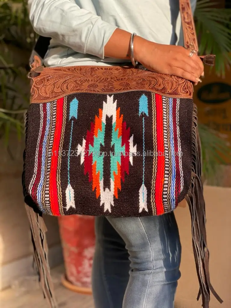 New Unique Designer Hand Tooled Fringe Handbag Aztec Saddle Blanket Hot ...