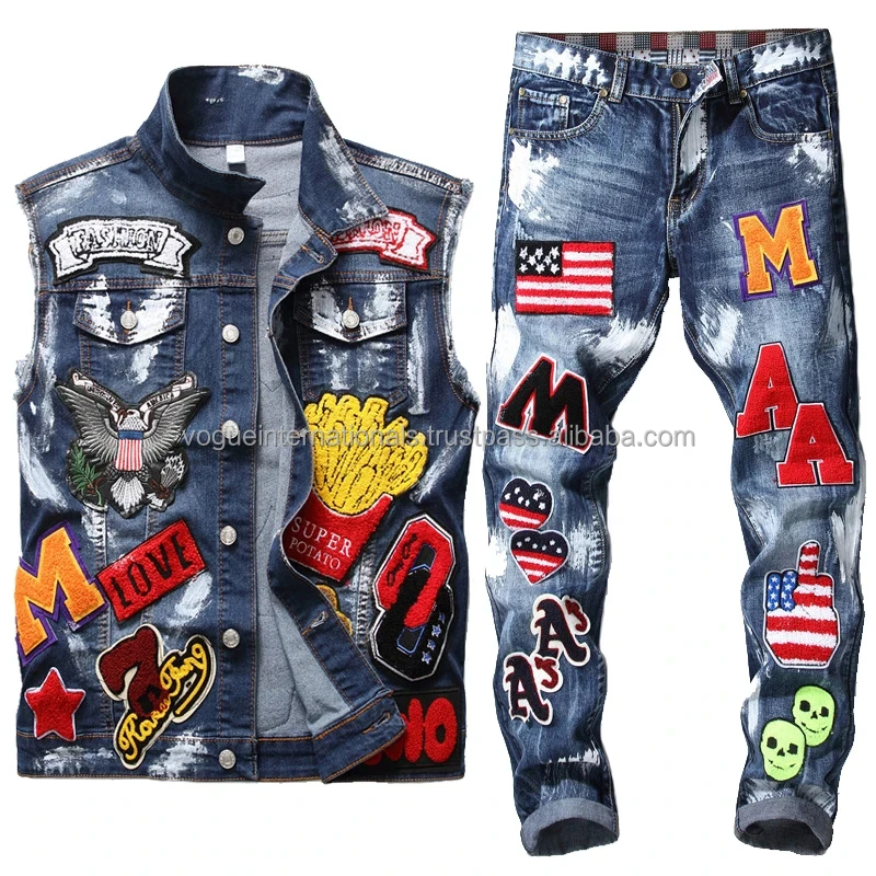 Mens Jeans Suit Washed Embroidered Paint Sets Skull Cowboy Vest + Small ...