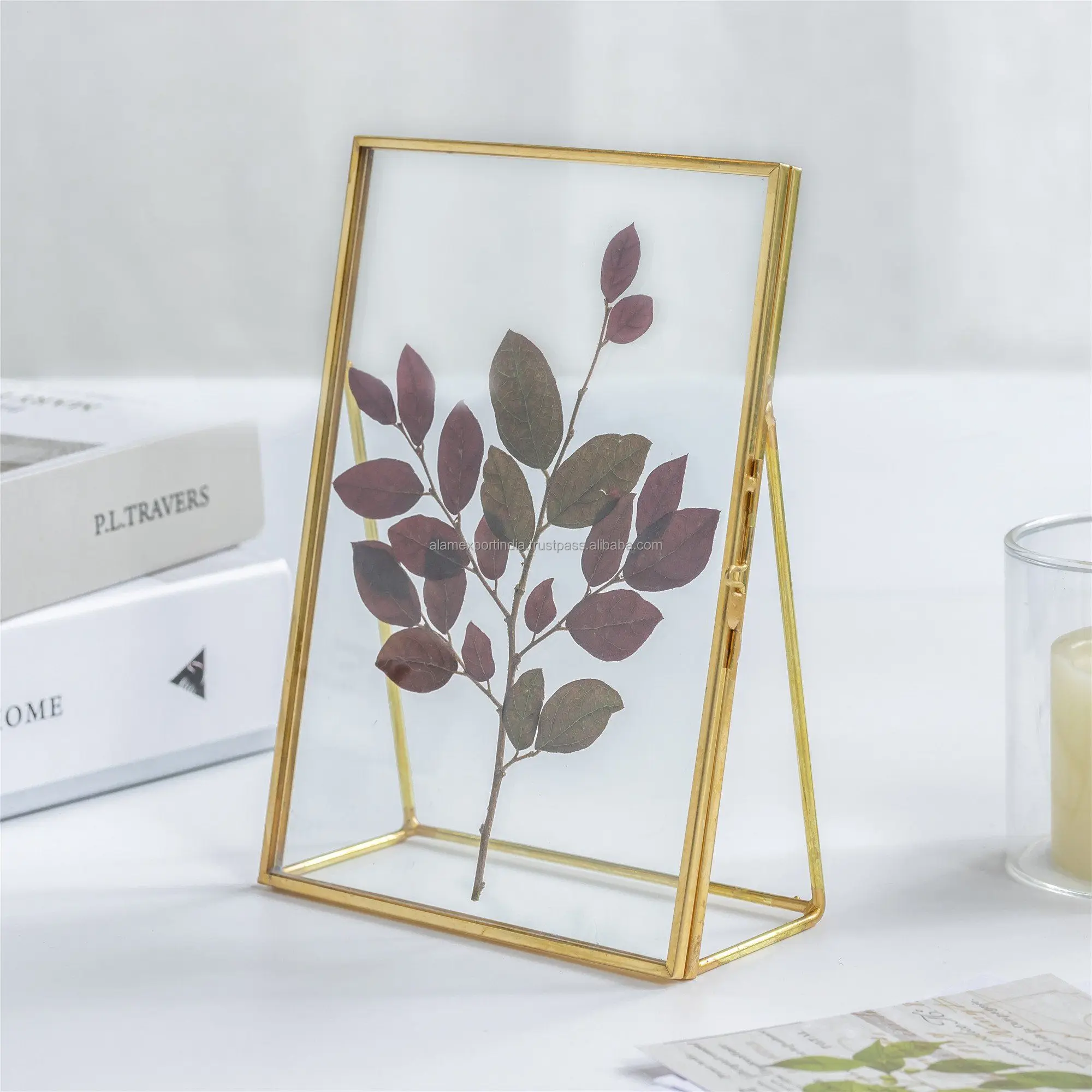 Brass Hanging Double Glass Photo Frame for Pressed Flowers