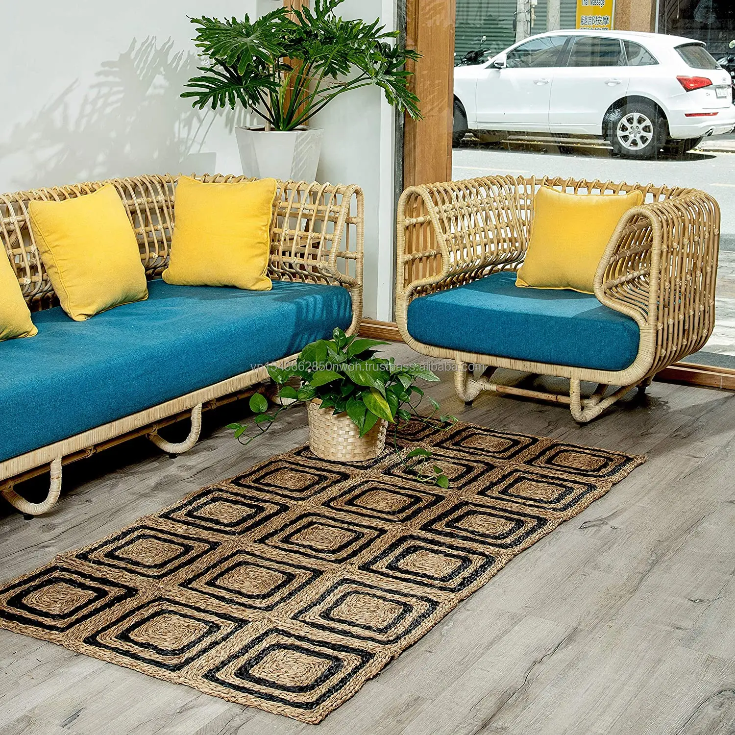 Modern Natural Handwoven Seagrass Area Rug Vintage Checkered Straw ...