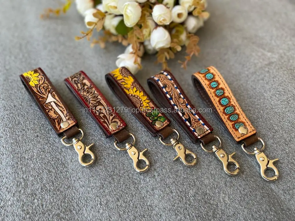 Hand Carved Tooled Leather Key Chains Embossed Floral Print Leather Key ...