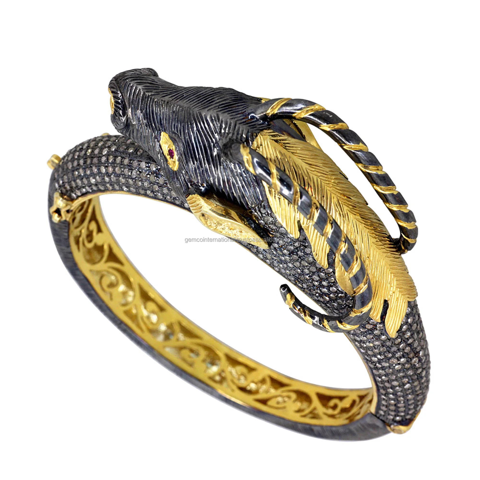 Genuine Pave Diamond Gemstone Ruby Eye's Dragon Bangle Bracelet For ...