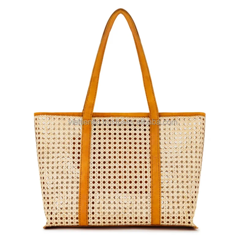Rattan Webbing Cane Bag With Real Leather,Bali Rattan Cane Leather Tote ...