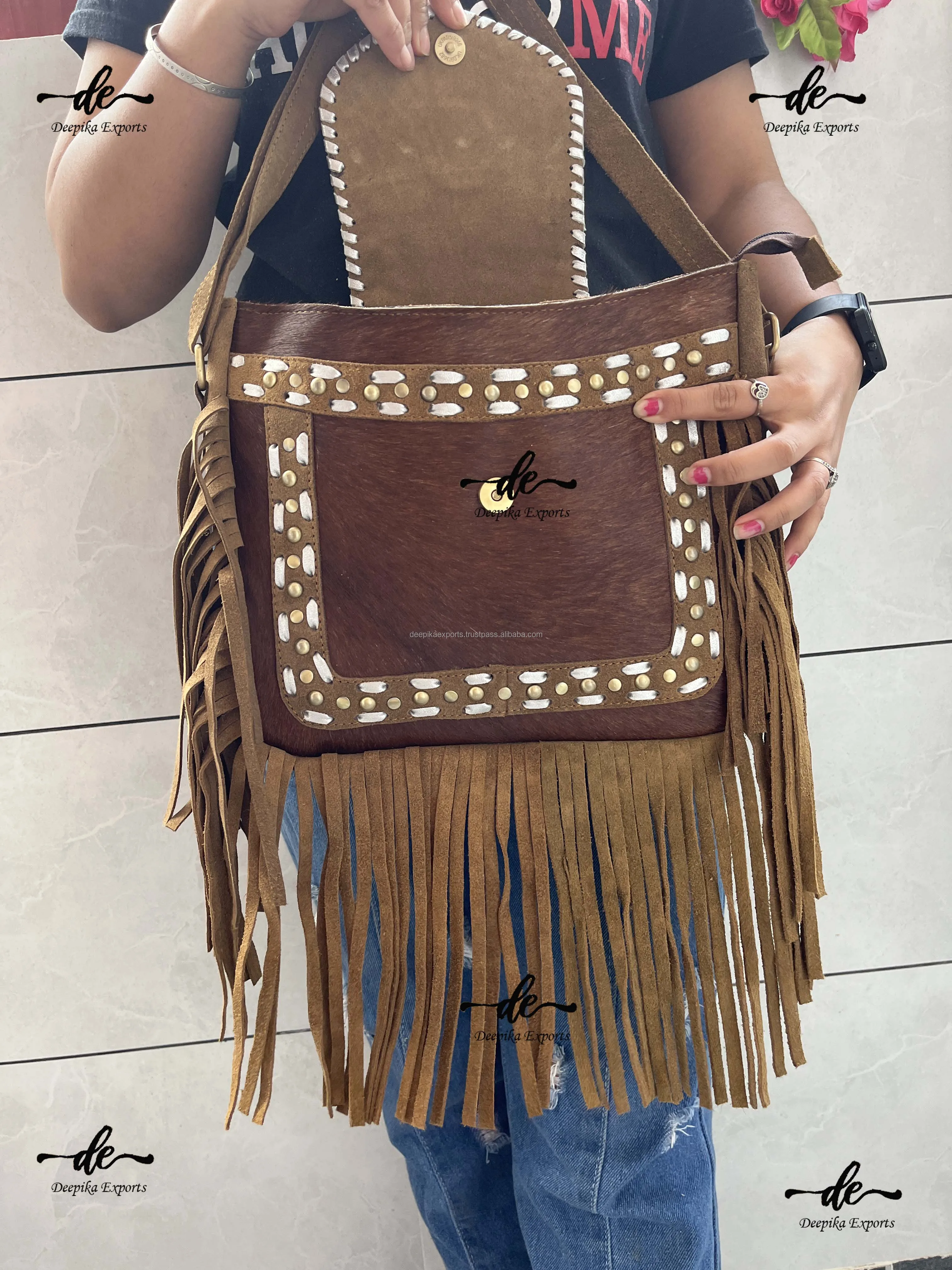 Real Cowhide Leather Fur Fringe Handbag Stylish Leather Purse Hair on ...