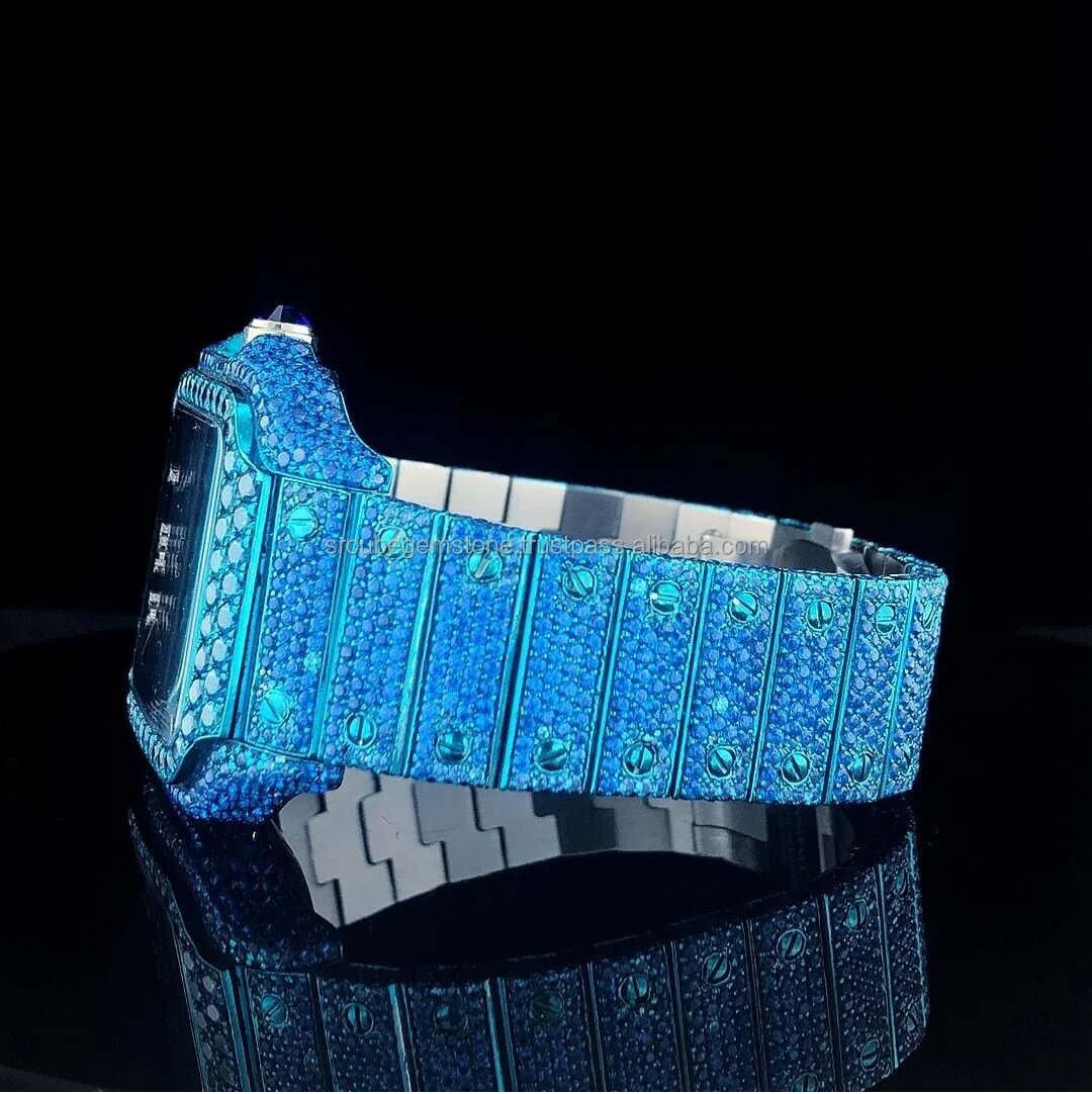 Rappers Hip Hop Luxury Mens Diamond Watch with Stylish Blue Dial