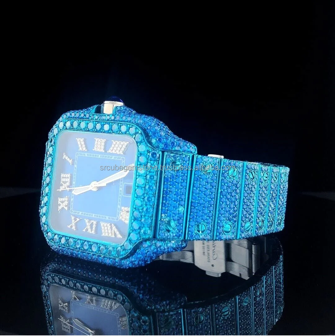 Rappers Hip Hop Luxury Mens Diamond Watch with Stylish Blue Dial