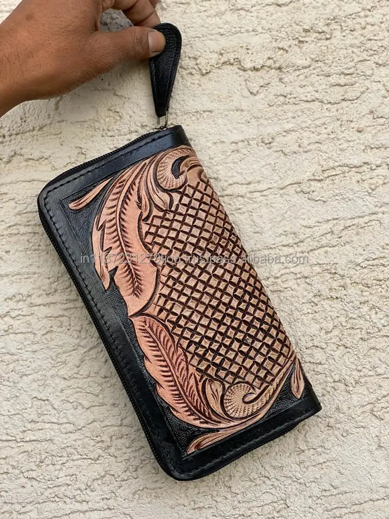 Tooled Leather Wallet Flower Hand Carved Painted Genuine Leather Clutch ...