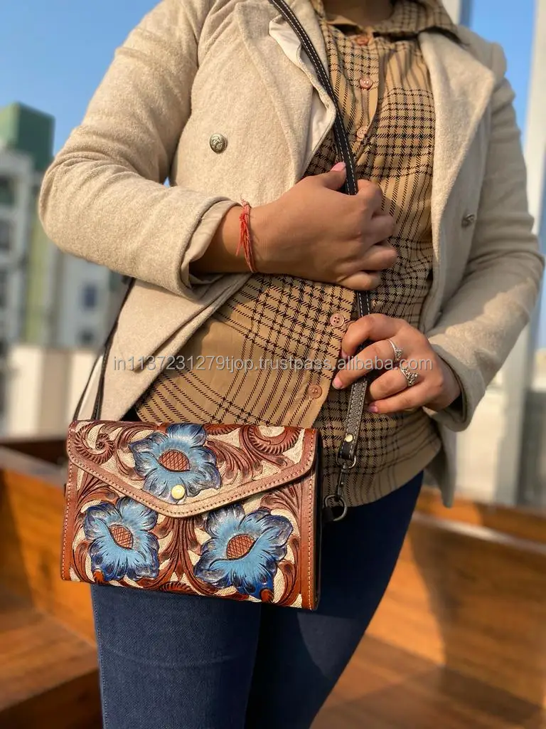Carving Hand Tooled Wallet Clutch Phone Case Stylish Multi Uses Western ...