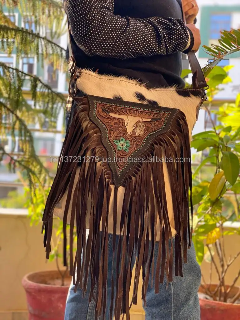 Hand Tooled Hair On Hide Fur Leather Fringe Handbag Stylish Women ...
