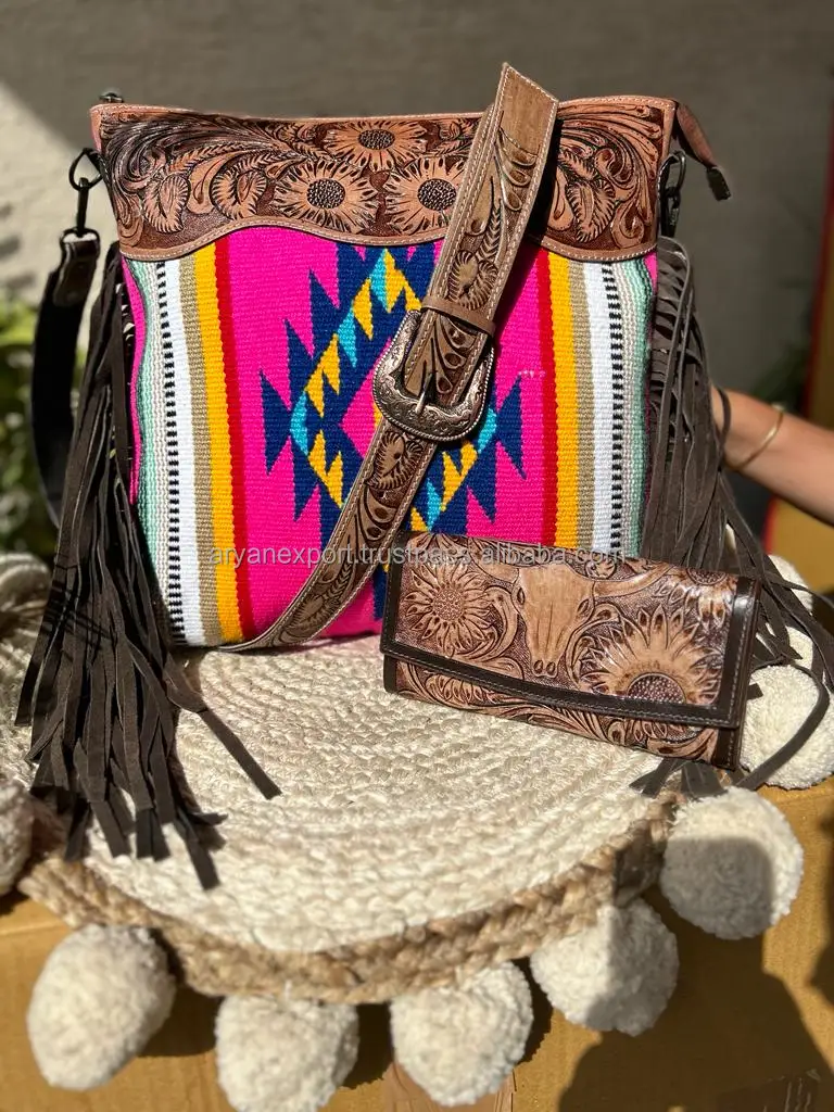 New Western Traditional Style Aztec Tooled Leather Tassel Handbag Women ...