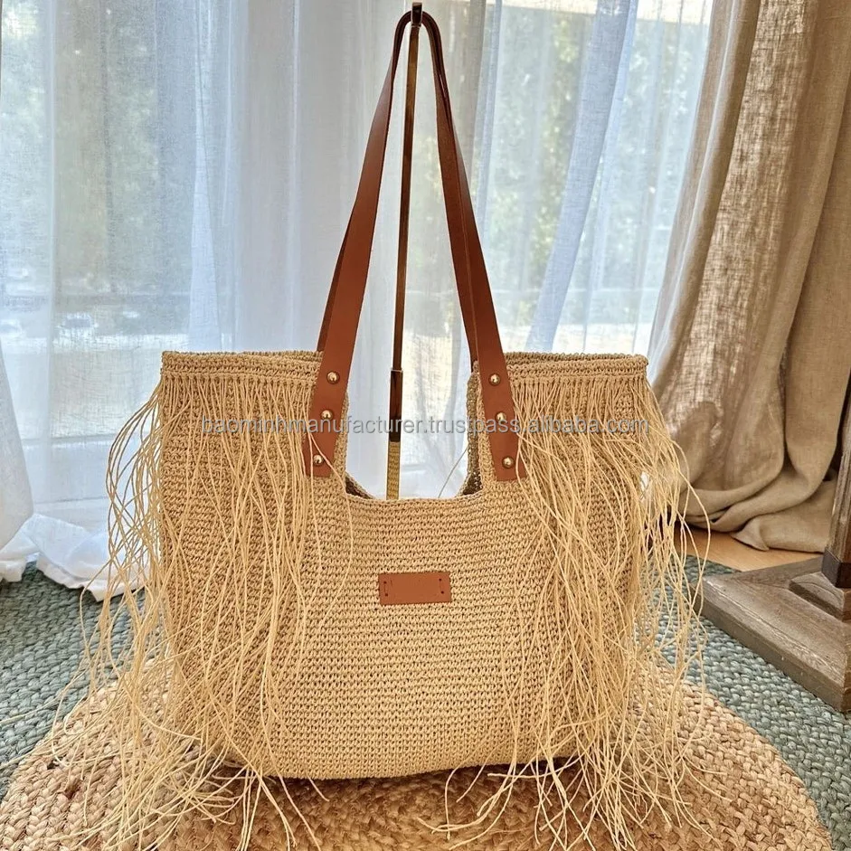 Handmade Big Boho Crochet Bag Beige Raffia Bag Women's Beach Bag With ...