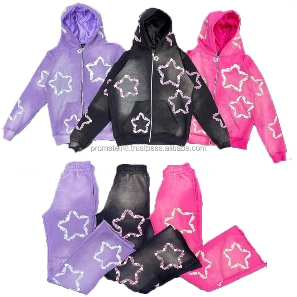 Custom Tracksuit High Quality Distressed Rips Cut And Sew Acid Wash Sun ...