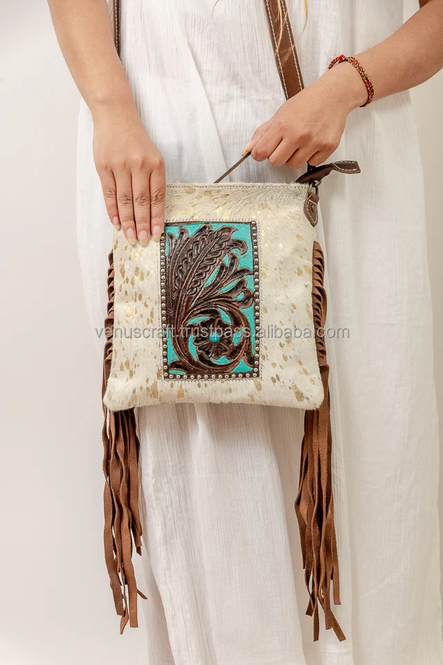 Western Style Genuine Leather Fringe Bag Stylish Cowhide Fur Leather ...