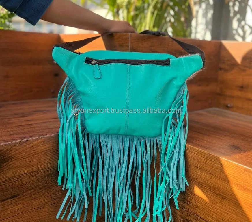 New Handmade Embossed Print Cowhide Fur Leather Turquoise Fringe Fanny ...