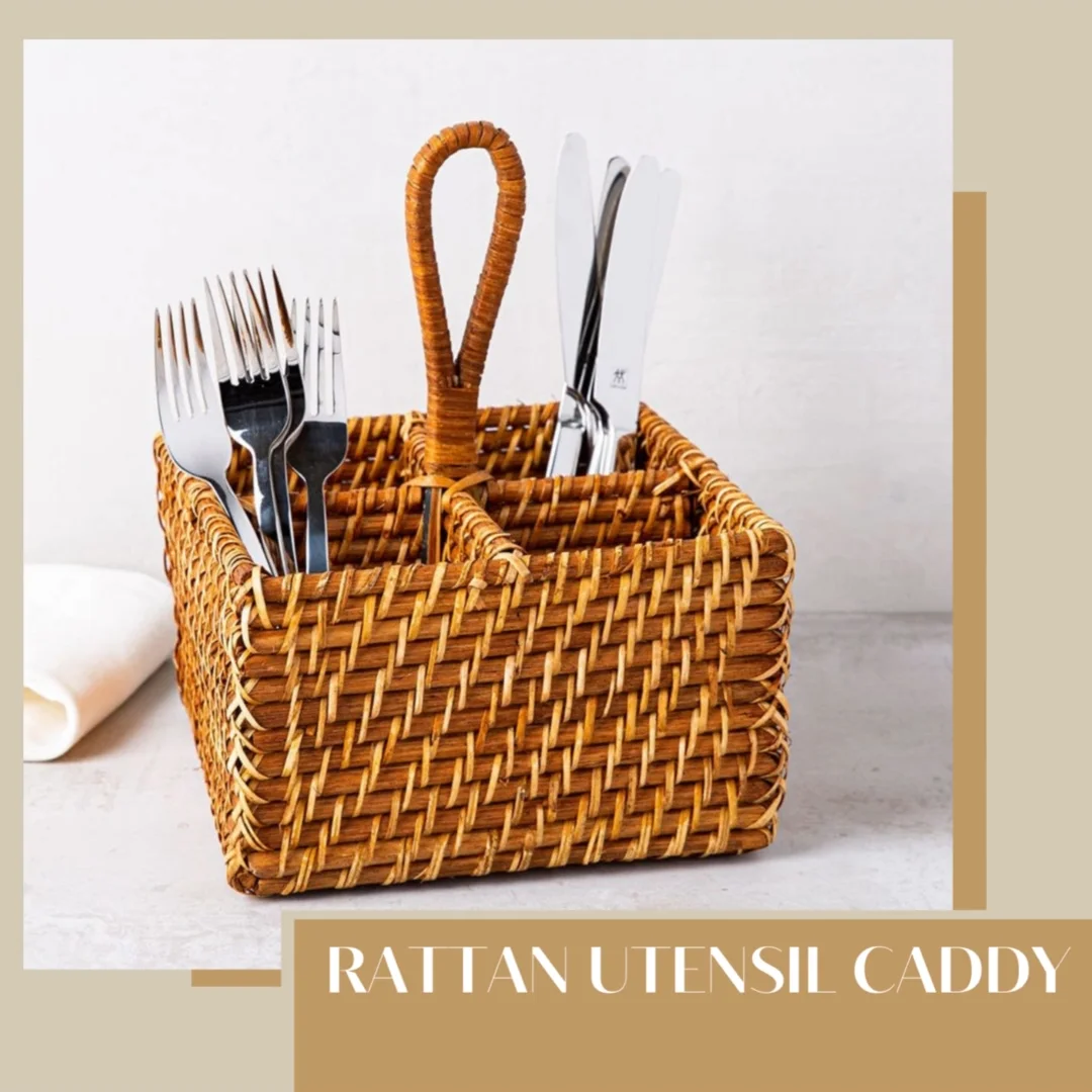 Vintage Durable Rattan Cutlery Holder Baskets Kitchen Utensil Caddy ...