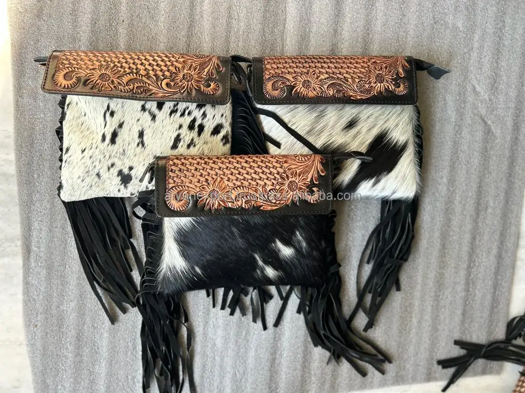 Hand Tooled Hair On Hide Fur Leather Fringe Handbag Stylish Women ...