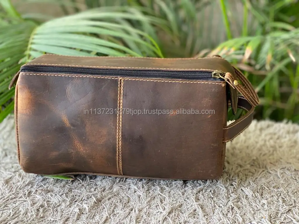 Genuine Leather Toiletry Bag Brown Leather Kit Bag Toiletry Kit Leather Pouch Bag Unisex ...