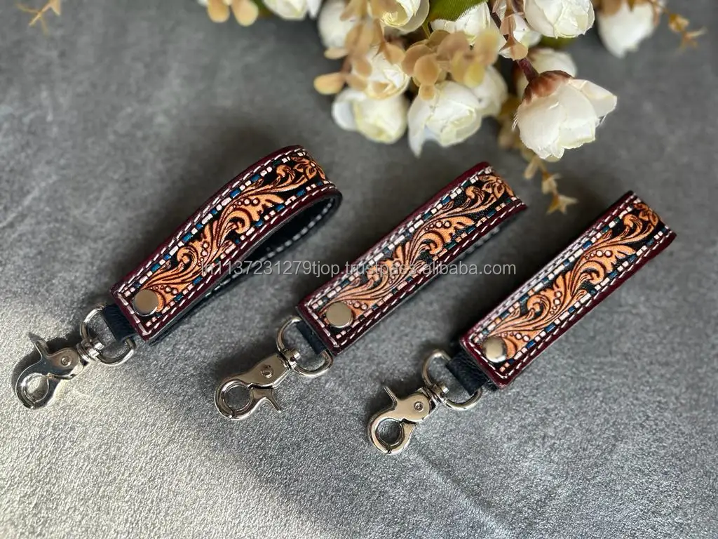 Hand Carved Tooled Leather Key Chains Embossed Floral Print Leather Key ...