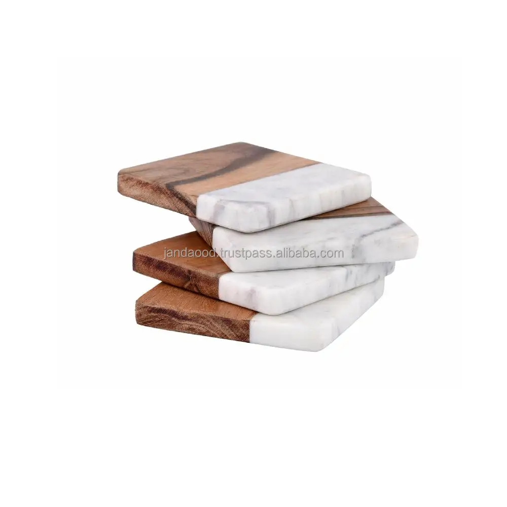 Modern Square Marble & Wood Set Of 4 Coaster With Holder For Coffee ...