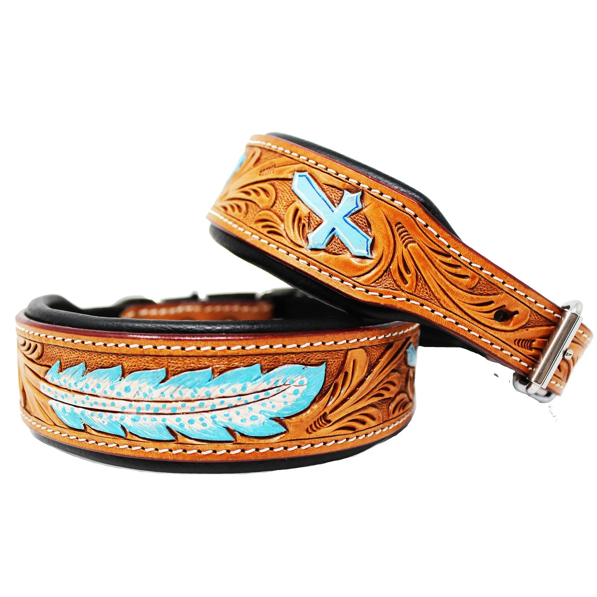 Soft Padded Cow Leather Dog Collar Hand Tooled Design Dog Belt Western ...