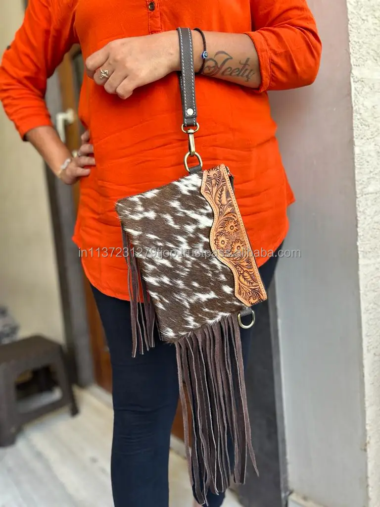 Hand Tooled Hair On Hide Fur Leather Fringe Handbag Stylish Women ...