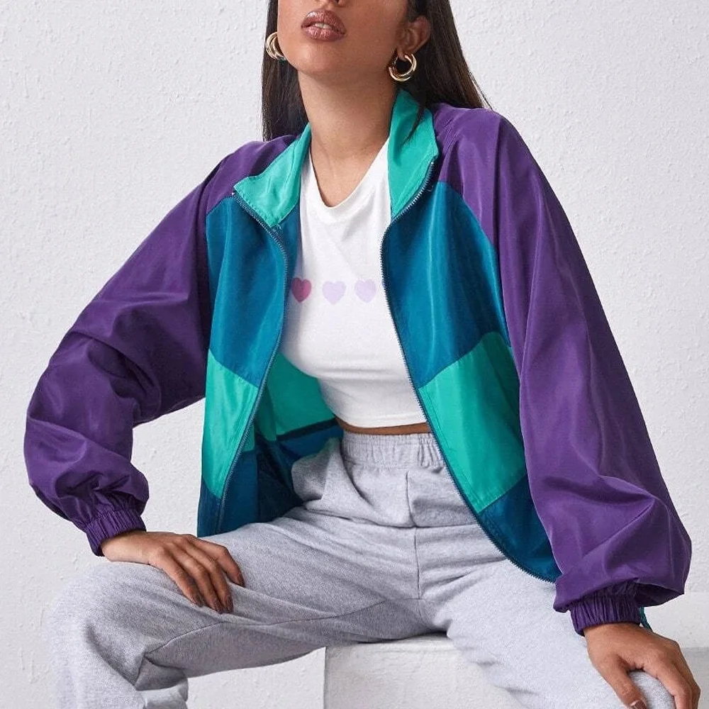 Autumn Color Block Drawstring Windbreaker Jacket for Women Custom Full ...