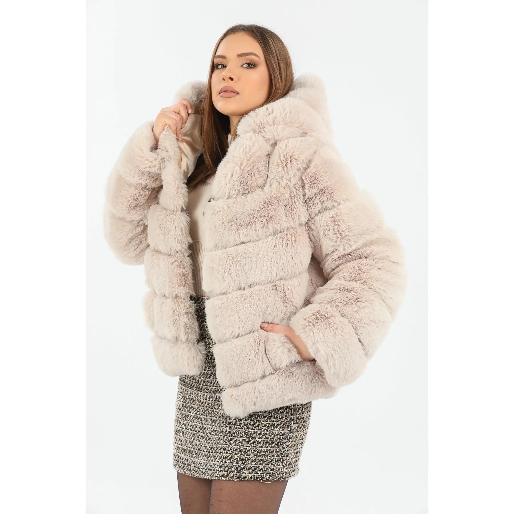 Faux Fur Hooded Salmon Women's Coat - Buy Faux Fur Hooded Salmon Coat ...