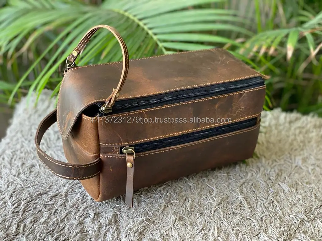 Genuine Leather Toiletry Bag Brown Leather Kit Bag Toiletry Kit Leather Pouch Bag Unisex ...