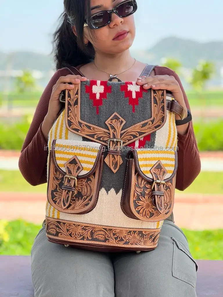 New Real Aztec Tooled Leather Backpack Navajo Saddle Blanket Western ...