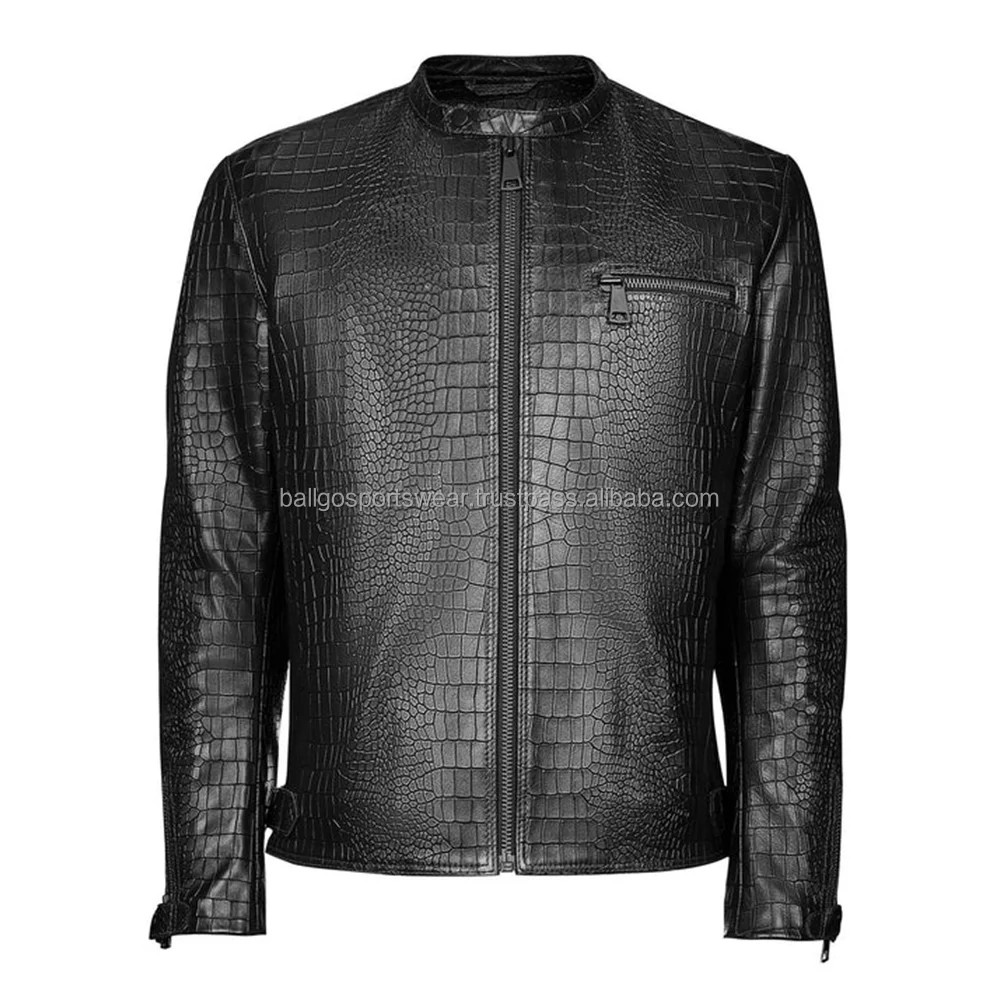 Men's Black Leather Biker Jacket With Alligator Embossed Croc Print Leather Jacket - Buy ...