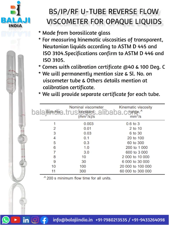 Borosilicate Glass Oswald Reverse Flow BS/IP/RF - U Tube Viscometer for ...