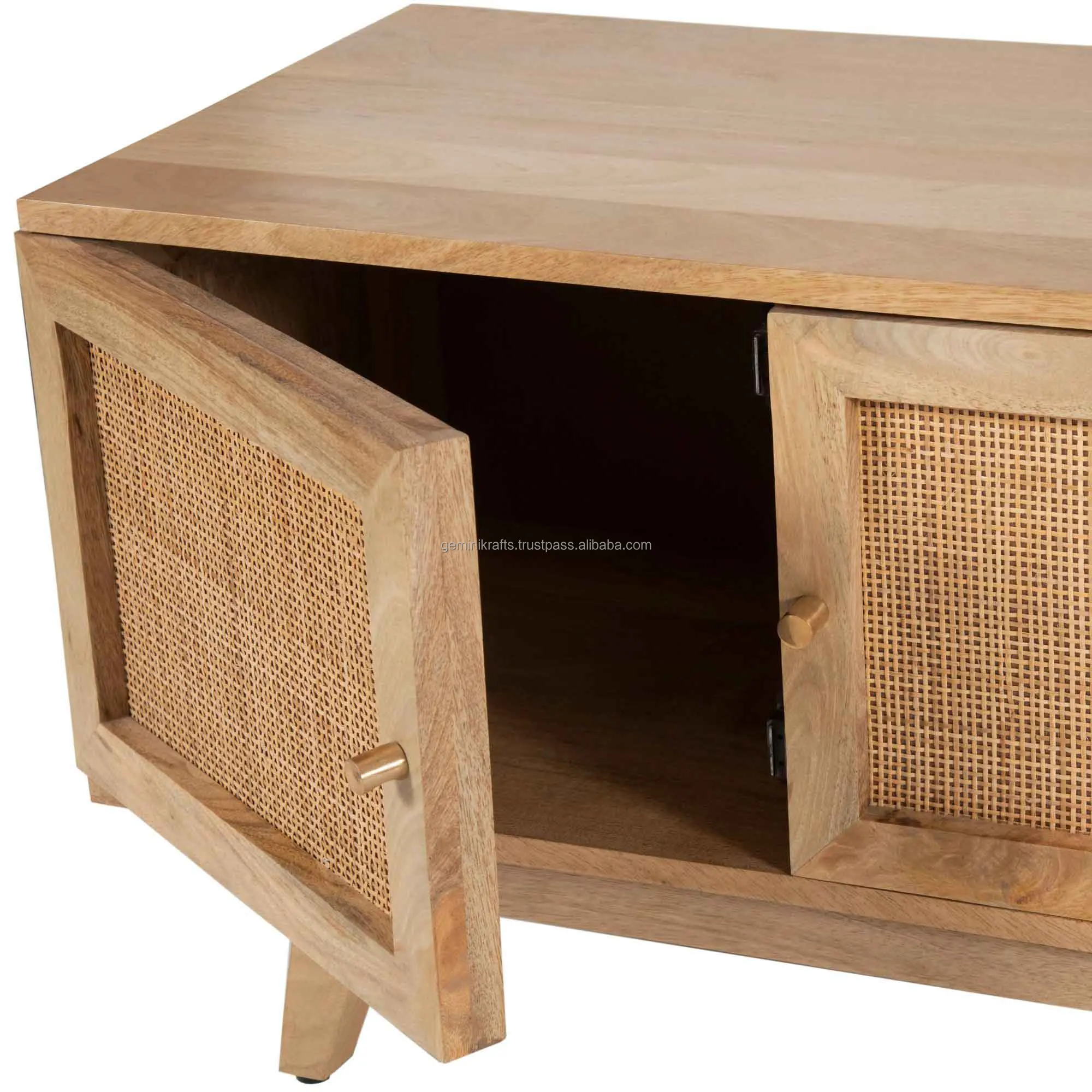 Entertainment TV Unit Solid Mango Wood Rattan 2 Doors Natural Finish ...