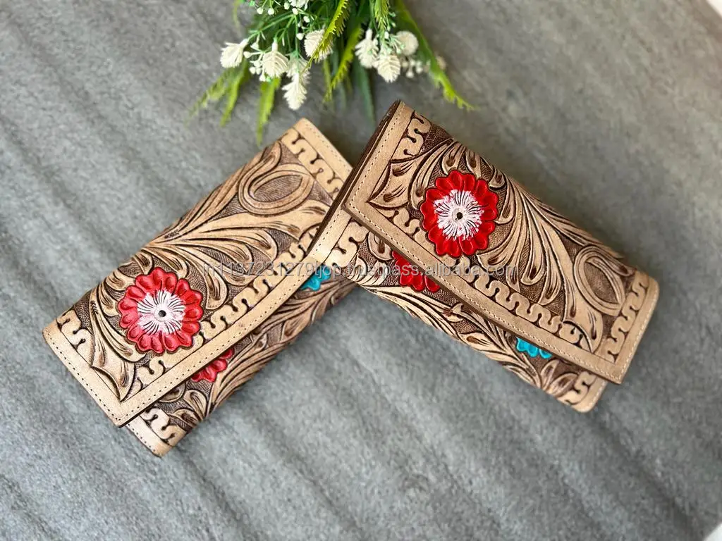 New Western Style Coloured Tooled Leather Clutch Women Designed Purse ...