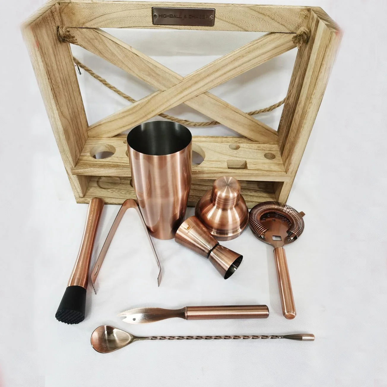 Professional Barware Tools Wooden Stand Stainless Steel Bartender Set ...