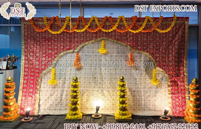 Hindu Wedding Mehndi Stage Embroidered Backdrops Temple Style ...