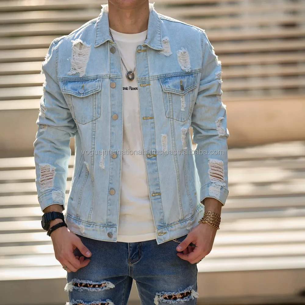 New Men Streetwear Fashion Solid Holes Slim Denim Jacket High Street ...