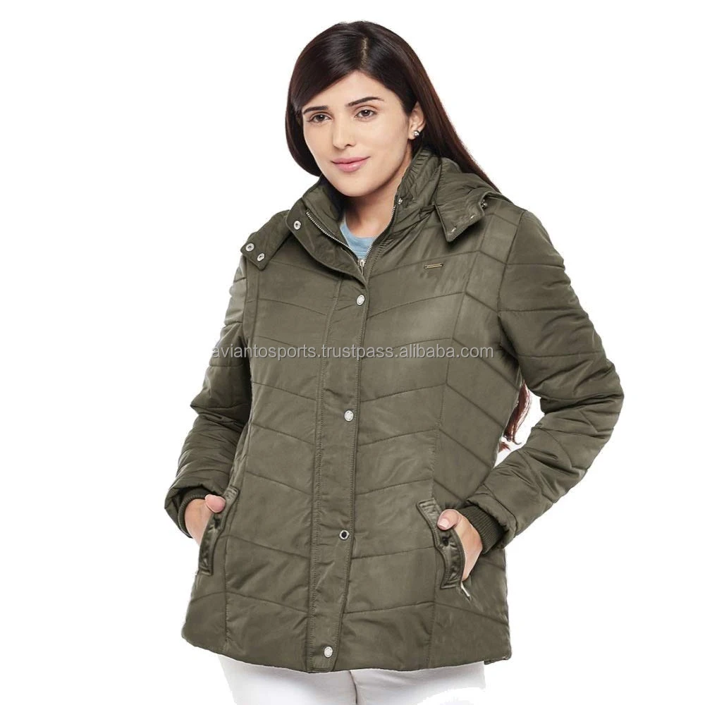 Winter Wear Puffer Jackets For Women Green Color With Fur Hood Zipper ...
