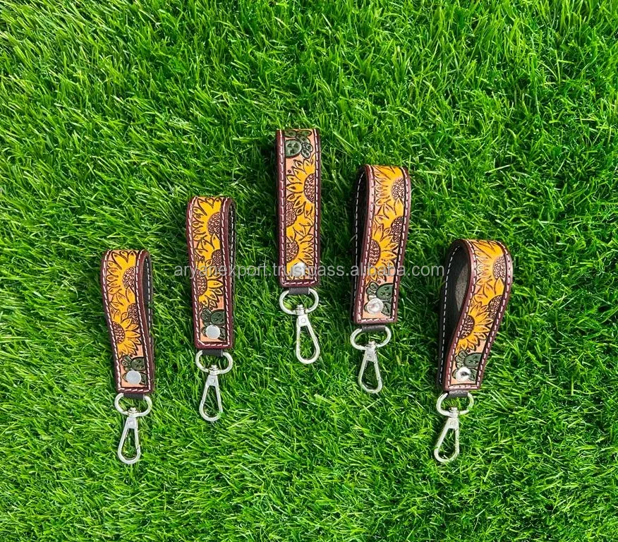 Stylish Hand Carved Tooled Leather Key Chains Embossed Floral Print ...