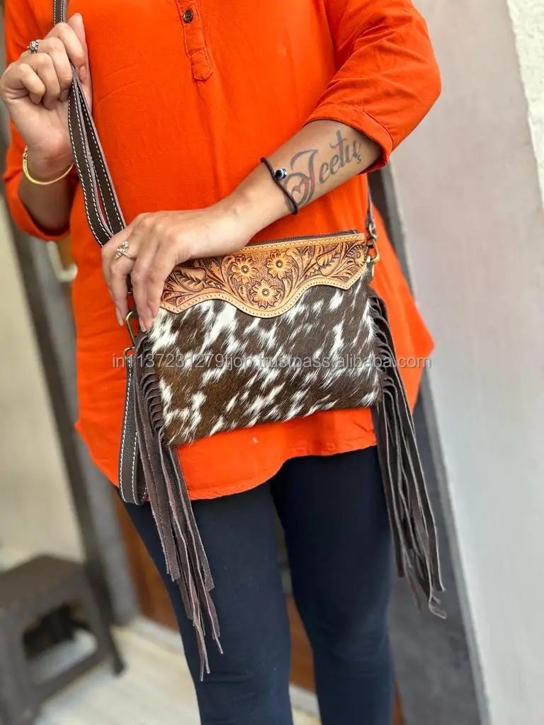 Hand Tooled Hair On Hide Fur Leather Fringe Handbag Stylish Women ...