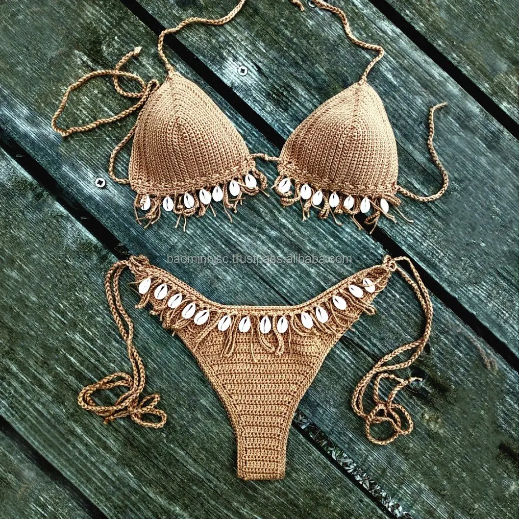 Hot Trend Sea Shell Crochet Tan Brown Bikini - Quick Dry