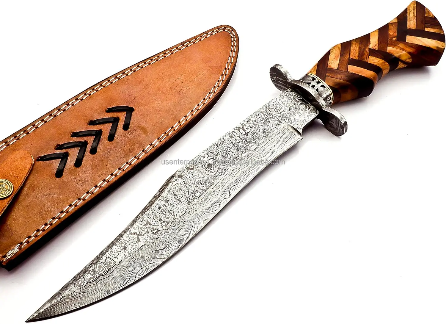 Handmade Damascus Steel Bowie Knife with Wooden Handle and Fine Leather Sheath Viking Knife ...