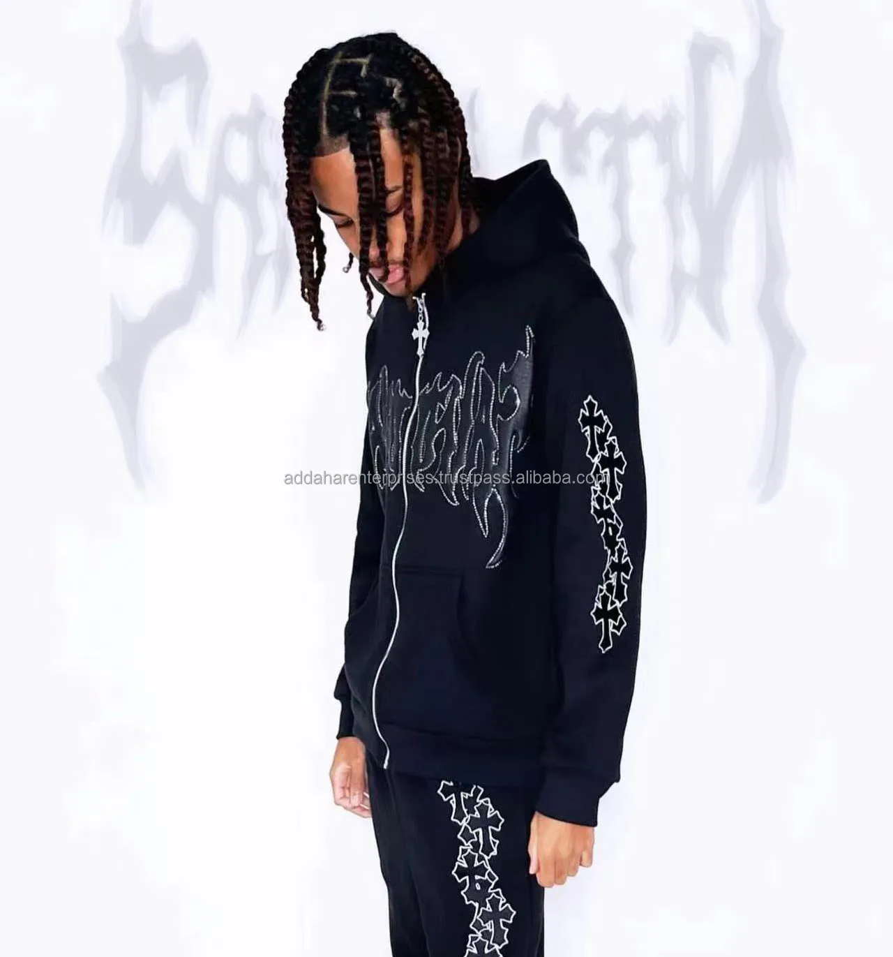 Men's Flared Sweatpants & Hoodie Set - Unisex Tracksuit with Rhinestone ...