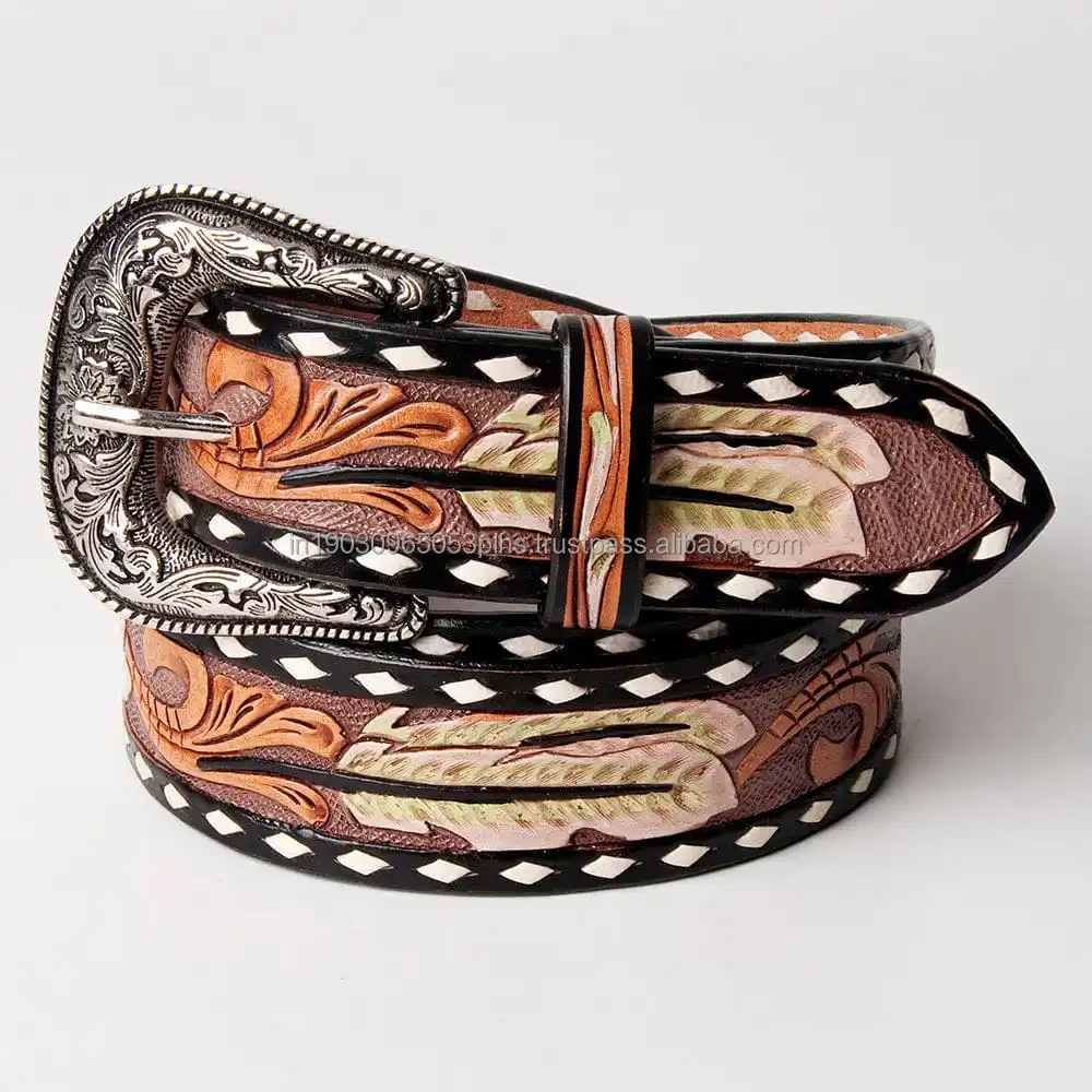Handmade Floral Hand Carving & Tooling Western Cowhide Leather Belt ...