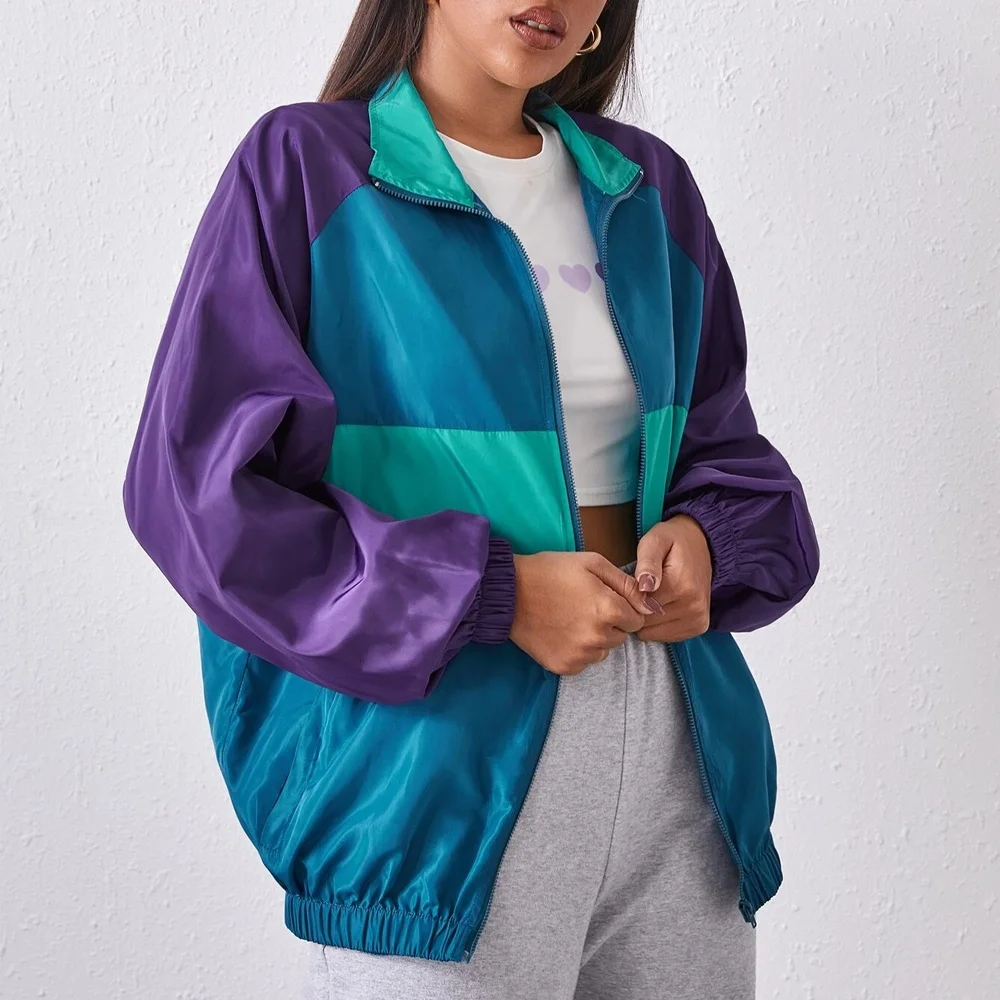 Autumn Color Block Drawstring Windbreaker Jacket for Women Custom Full ...