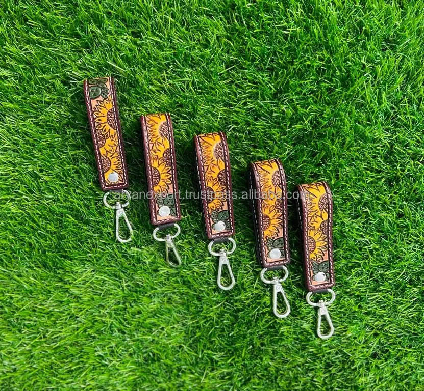Stylish Hand Carved Tooled Leather Key Chains Embossed Floral Print ...
