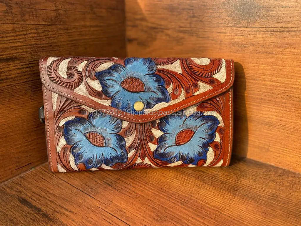 Carving Hand Tooled Wallet Clutch Phone Case Stylish Multi Uses Western ...