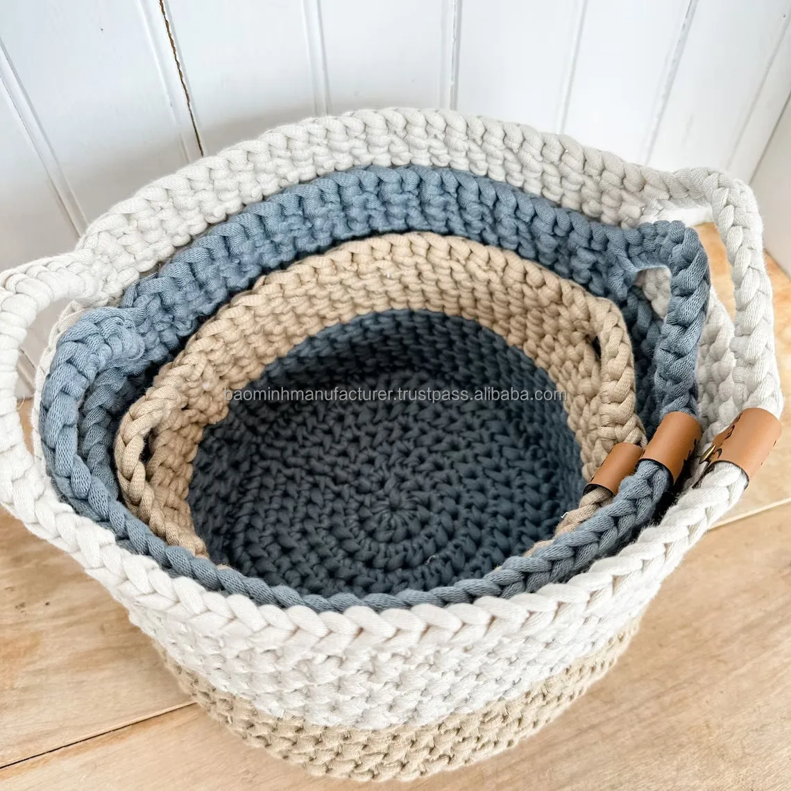 Natural Vintage Handmade Crochet Pattern Two-toned Nesting Baskets From Vietnam - Buy Home ...