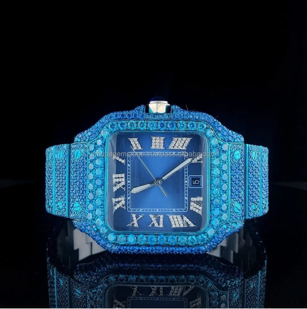 Rappers Hip Hop Luxury Mens Diamond Watch with Stylish Blue Dial