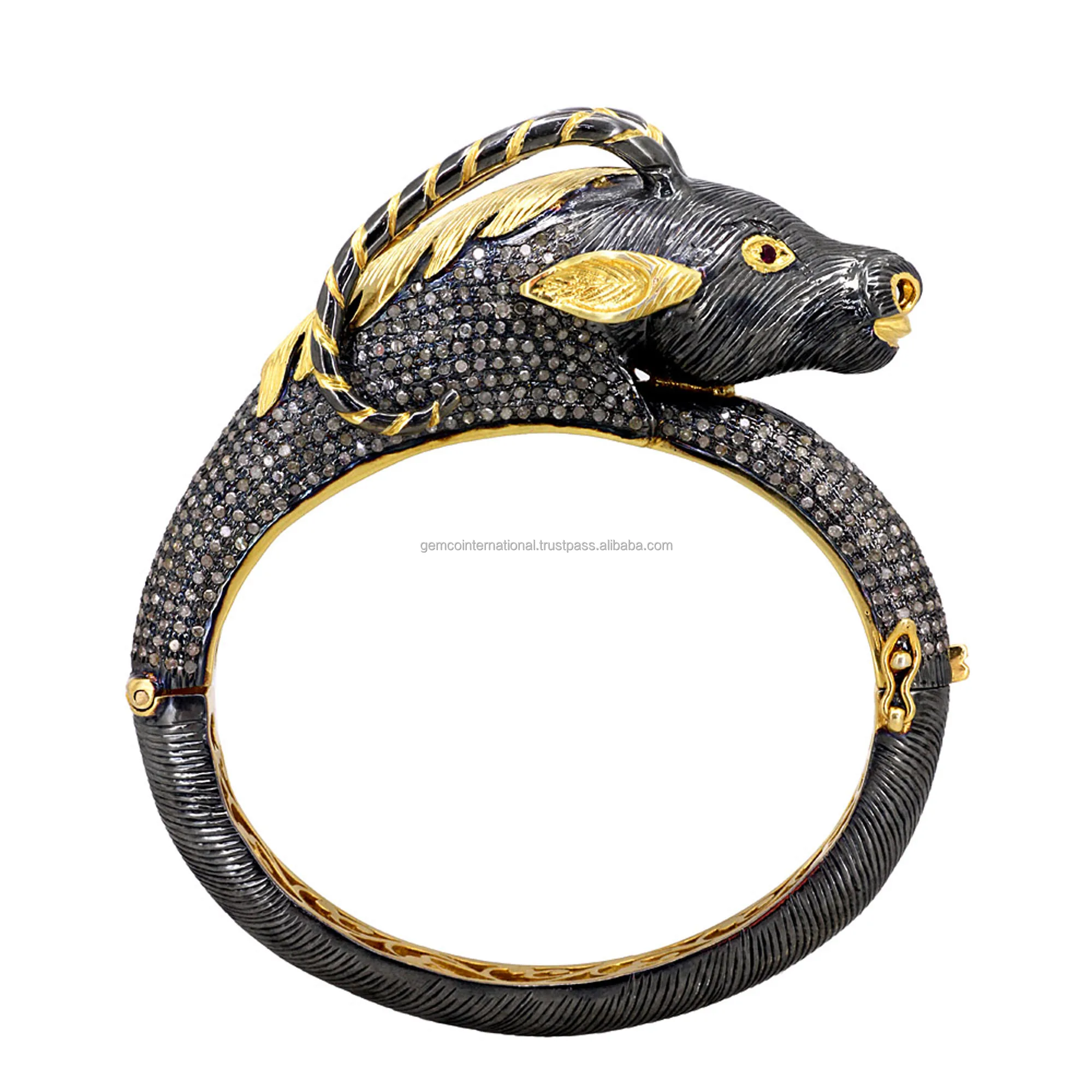 Genuine Pave Diamond Gemstone Ruby Eye's Dragon Bangle Bracelet For ...