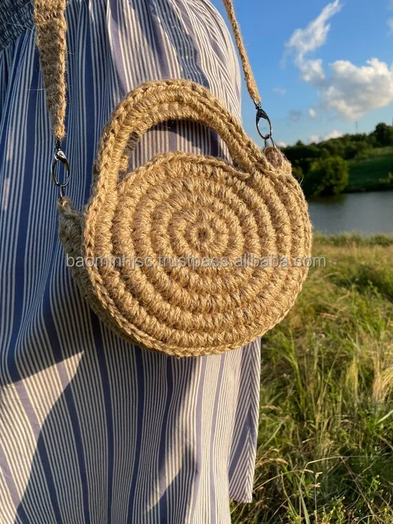 Natural Jute Round Bag - Boho Beach Bag with Two Handles
